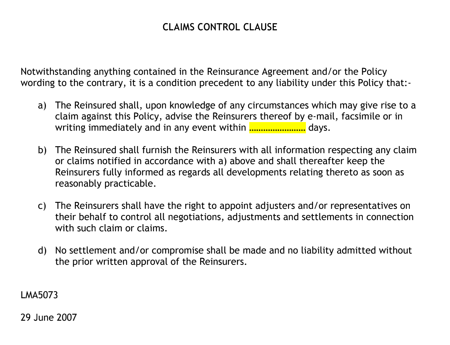 独居的话痨 的想法: Claims Control Clause LMA 5073理赔控制条款被保险人在出险后及时告知保险人，并提供全部已知 ...