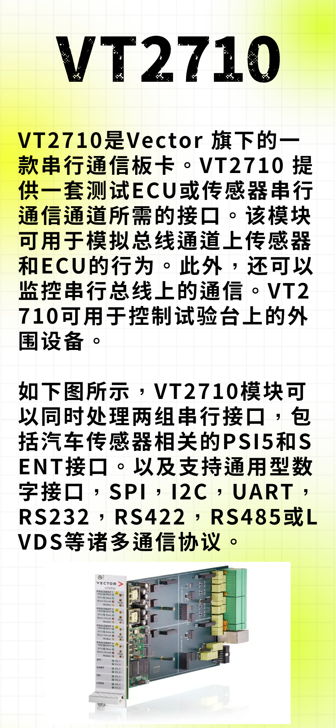 Polelink上海北汇信息 的想法: 【VT2710介绍】VT2710是Vector 旗下的一款串行通信板卡。VT2710 提供一套测试 ...