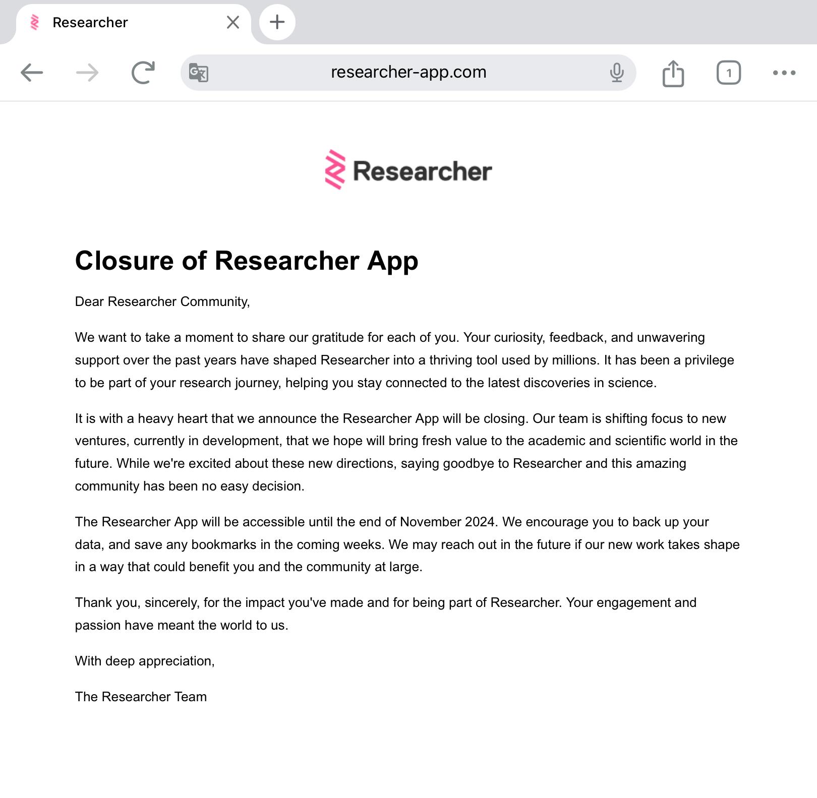 潇潇暮雨 的想法: Researcher App 将于24年11月关闭 | “Researcher 应用程序将开放至 2024 年 11 月底 ...