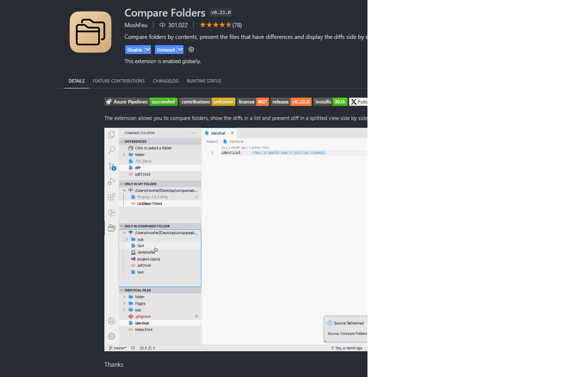 寅时 的想法 Vscode比较文件夹 插件推荐 Vscode Compare Folder插件很不错,感觉比较好用。可以显示文件中不同的地方。以及只存在于本项目,或者只存在于其他项目的