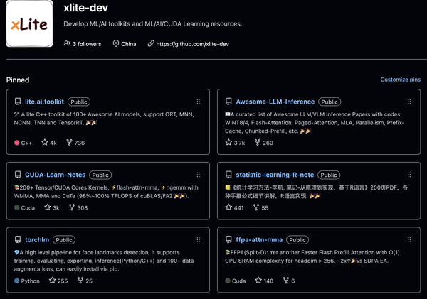 DefTruth 的想法: xlite-dev | 把自己这几年在开源社区，边学习边写的repo，都整合到xlite-dev了，不知不觉12k stars了，从最早17年读书时写的笔记到现在 ...