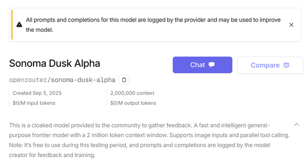 段小草 的想法: OpenRouter 上新两款匿名模型 Sonoma，疑似 Grok 新版本 | 匿名测试期间可以免费使用，但会收集用户 Prompt 数据。模型名称：Sonoma Dusk ...