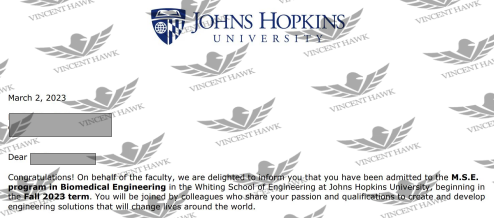 2023 VH Offer | 专排第一！JHU生物医学工程硕士项目录取！恭喜VH学员！ - 知乎