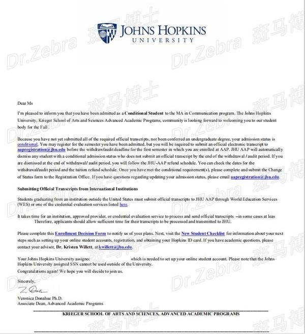 【斑马博士捷报】Johns Hopkins University（JHU）MA in Communication约翰霍普金斯大学传播学硕士录取 ...