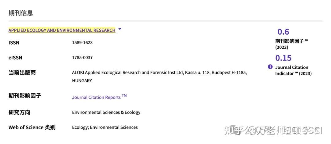 H411《Applied Ecology and Environmental Research》环境大类，中科院四区，因子0.6 - 知乎