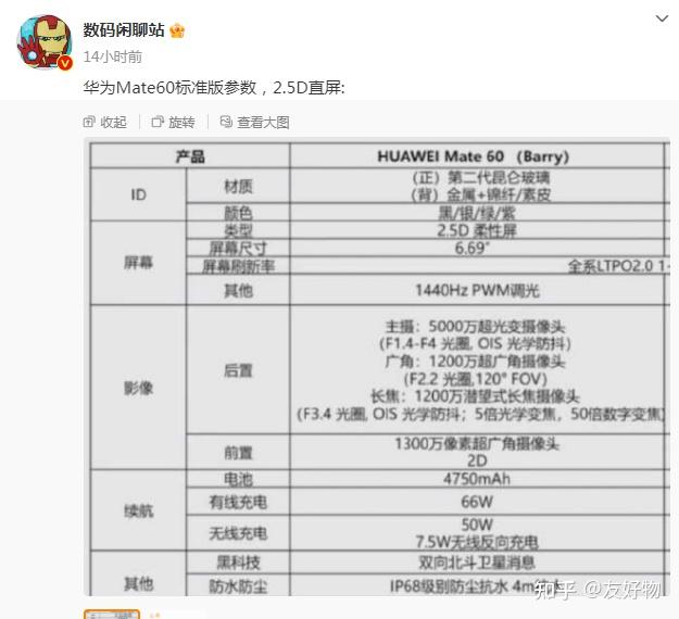 直屏＋5G＋潜望式长焦＋IP68！华为Mate60基础款配置曝光 - 知乎