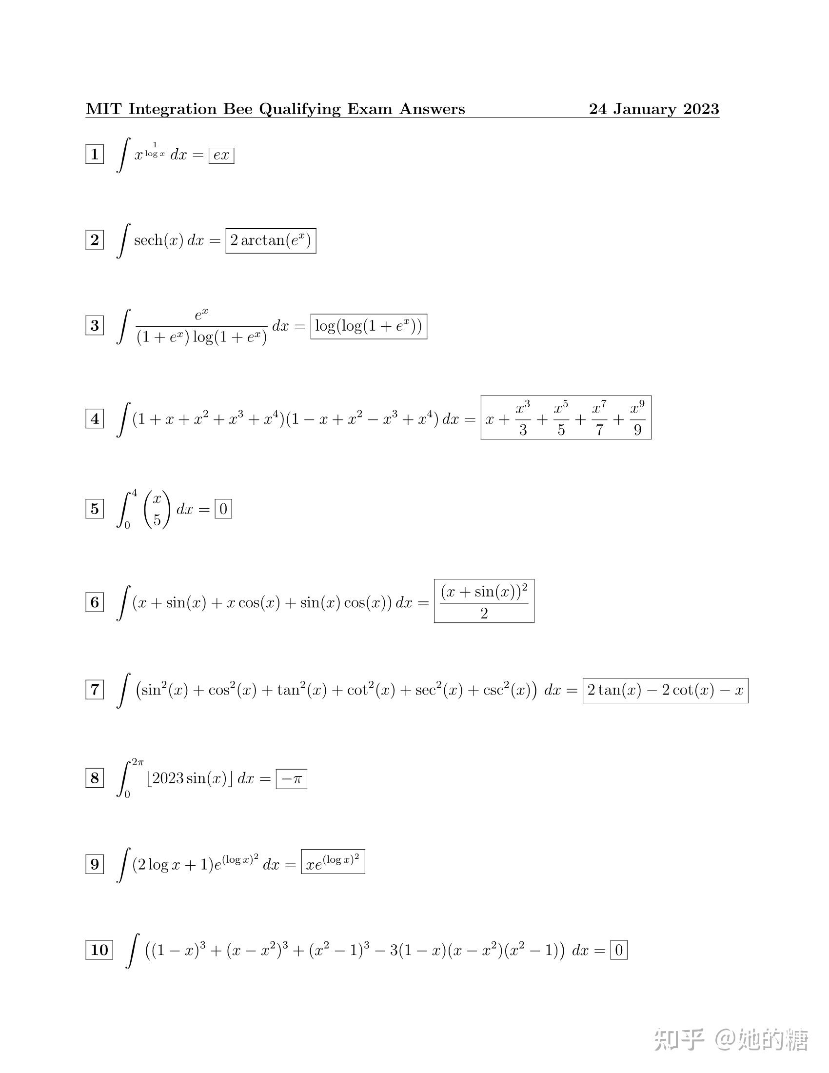 2023 MIT Integration Bee Test 2023年麻省理工积分大赛合集 - 知乎