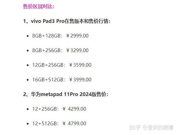 vivo pad3 Pro对比华为metapad 11Pro 2024版选哪个好？售价，参数配置区别一览 - 知乎