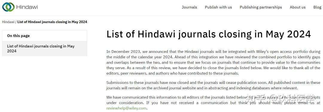 突发！Wiley出版社宣布关闭原Hindawi旗下的19本期刊 - 知乎
