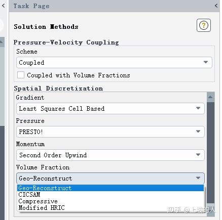 fluent2021r1选择了coupled计算方法，下面的volume fraction 下面可以选择几何重构，geo ...