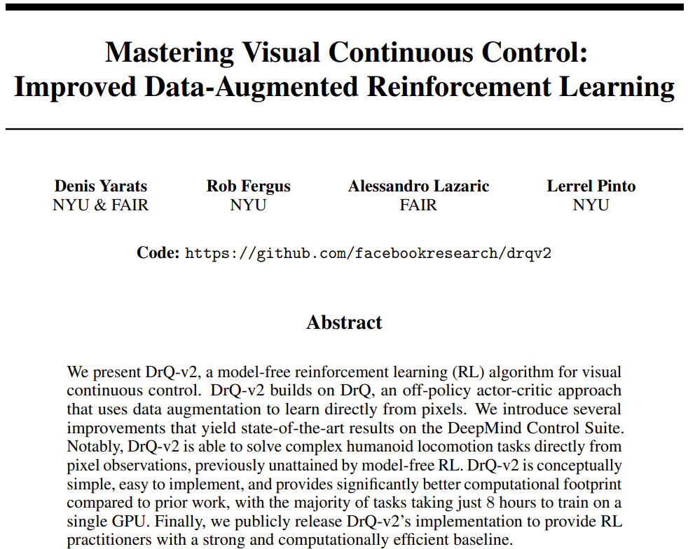 Arxiv2021 DrQ-v2 | Mastering Visual Continuous Control - 知乎