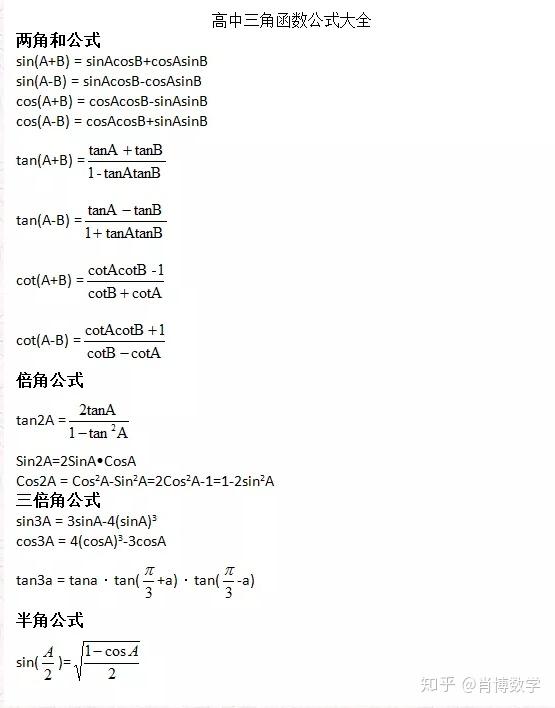 【肖博数学】考生必看:高中数学三角函数公式大全史上最全 知乎