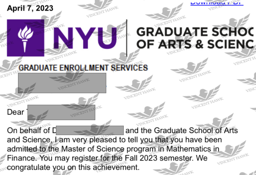 2023 VH Offer | NYU金数再＋1！全美顶尖数学系开设的纽约大学金融数学硕士项目录取！！ - 知乎