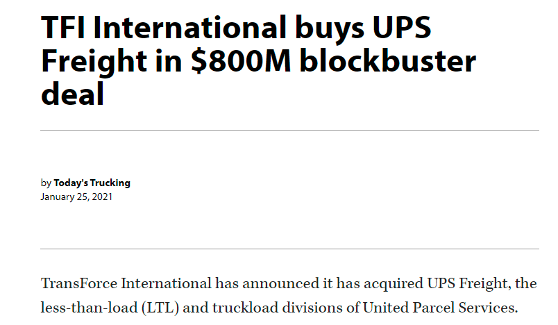 如何看待加拿大TFI收购UPS Freight？双赢！ - 知乎