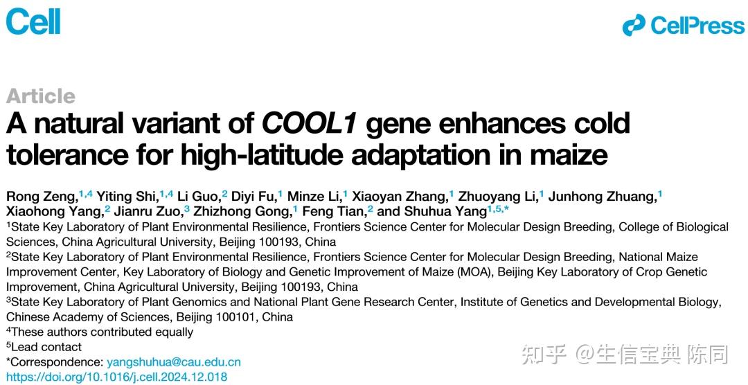 Cell | COOL1 基因的自然突变增强了玉米的耐寒性，以适应高纬度地区 中国农大 - 知乎