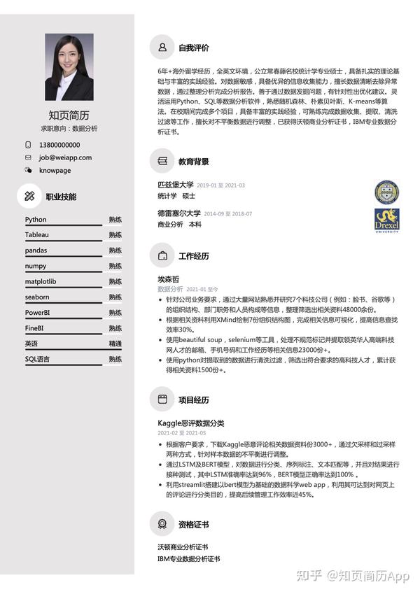 如何写一份出众的数据分析简历?(含简历模板 范文) 知乎