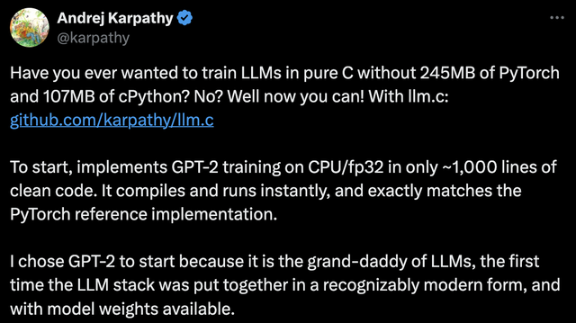 1000行C语言搓出GPT-2！AI大神Karpathy新项目刚上线就狂揽2.5k星 - 知乎
