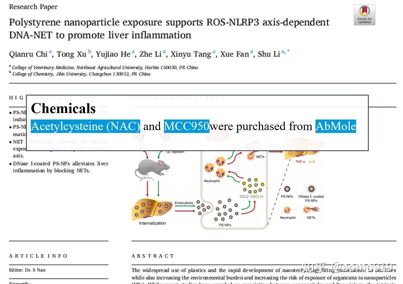 AbMole科研-聚苯乙烯纳米颗粒暴露支持ROS-NLRP3轴依赖性DNA-NET促进肝脏炎症 - 知乎