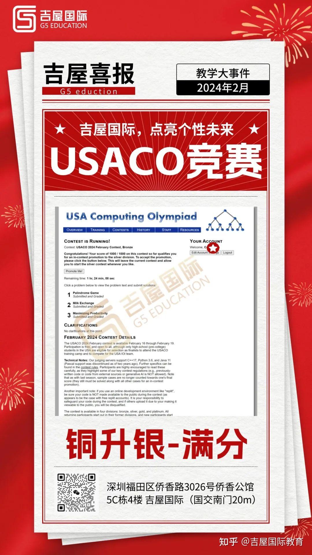 喜报！2024 USACO 吉屋6位学子满分晋级！太棒了~ - 知乎