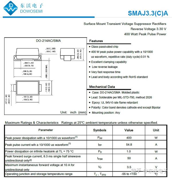 SMAJ3.3A瞬态TVS二极管 SMA封装 3.3V - 知乎