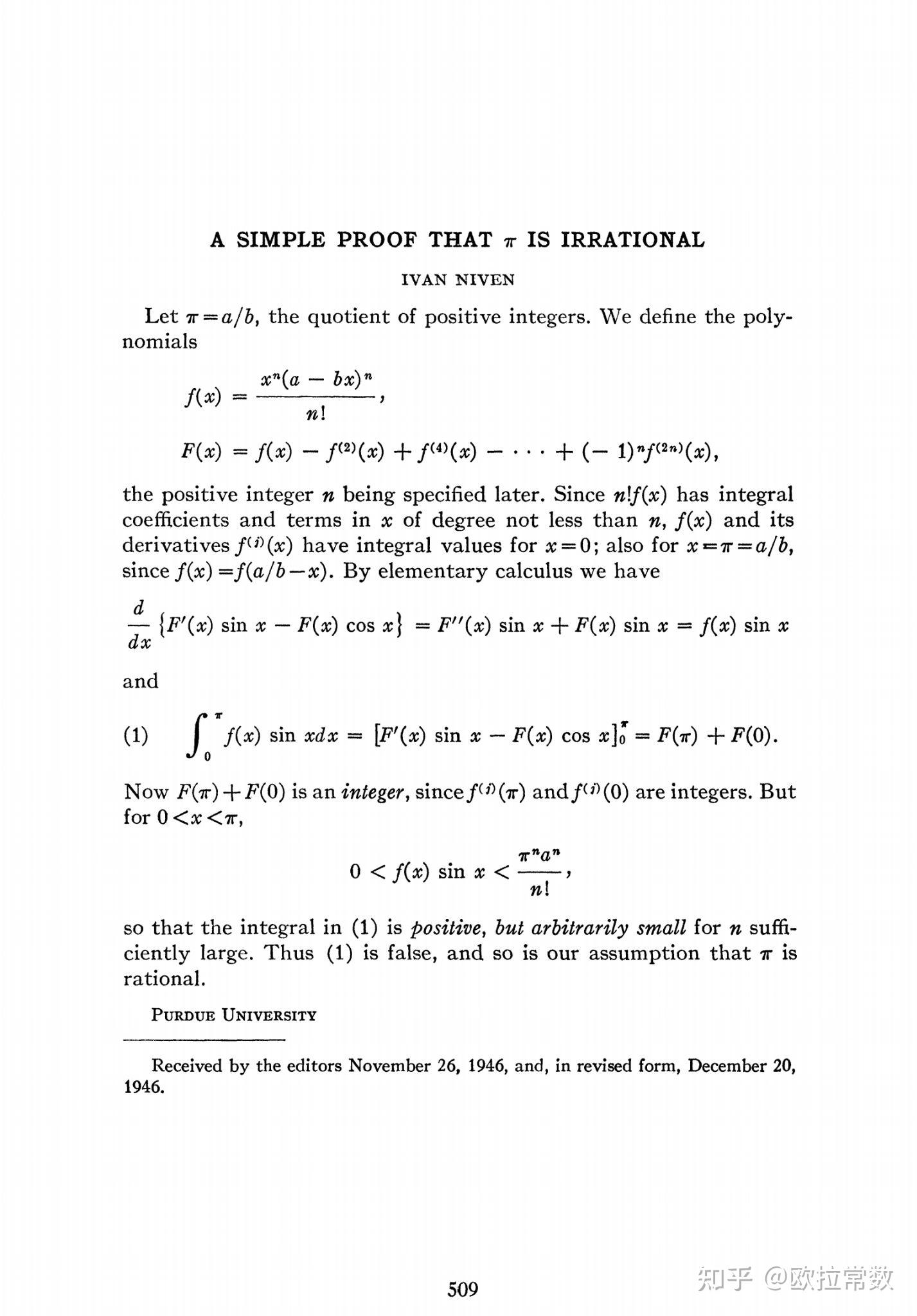 数学家Ivan Niven给出的关于圆周率π是无理数的证明 - 知乎