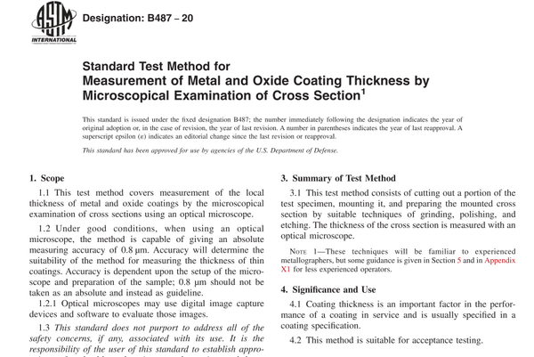 ASTM B487-20中文版翻译-通过对横截面的显微镜检查测量金属和氧化物涂层厚度测量金属和氧化物涂层厚度的标准测试方法 - 知乎