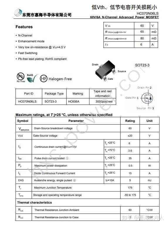 6N06- HC070N06LS 丝印-606A 30V60V80V100V150V200V250V 应急灯/磁吸灯NMOS和PMOS - 知乎