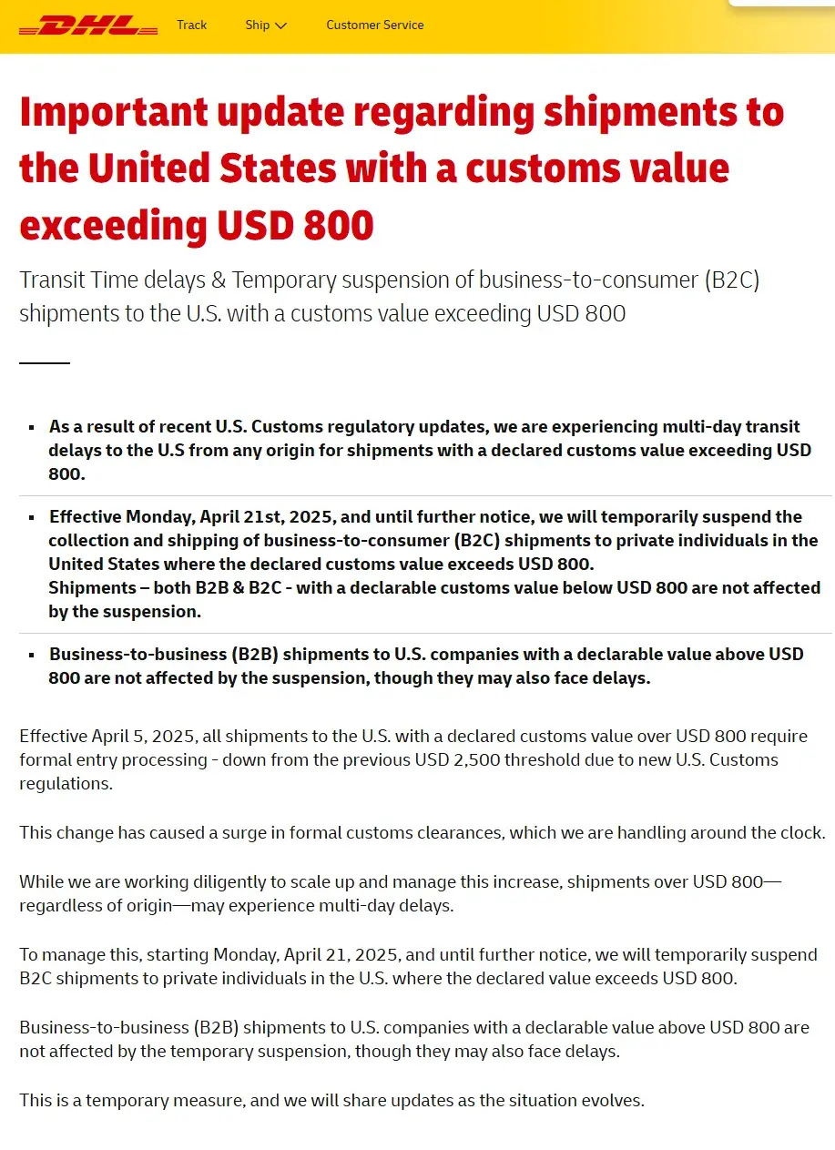突发！DHL暂停发往美国超800美元B2C快件！ - 知乎