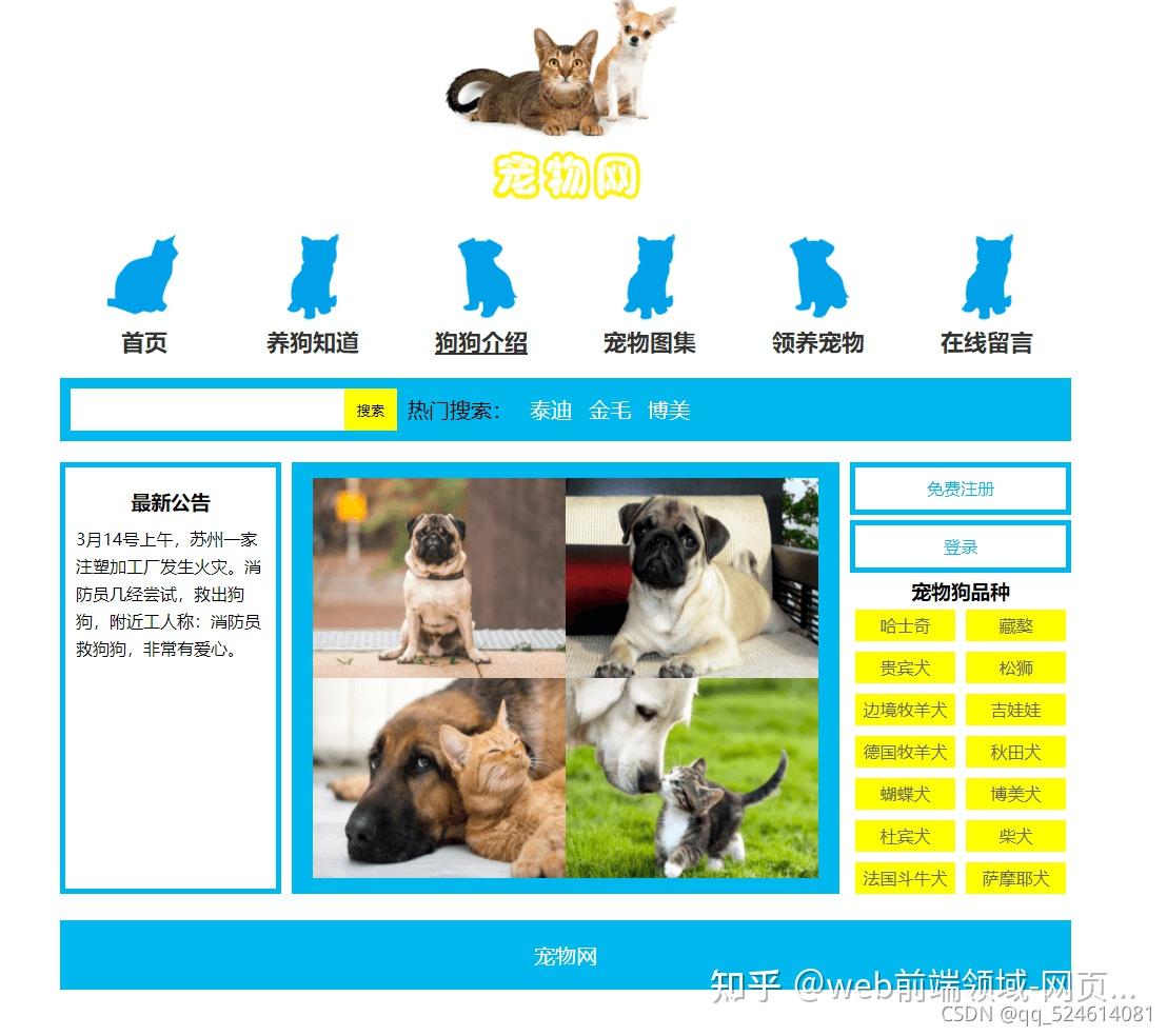 Html5期末大作业:宠物网网站设计——代码质量好 宠物网8页 Htmlcssjavascript 学生dw网页设计作业成品 Web课程设计网页规划与设计 计算机毕设网页设计源码 知乎