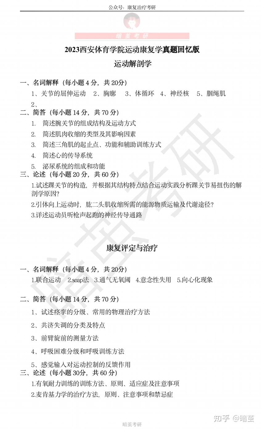 【暗茧考研】2023考研康复运医/运康运科各院校真题汇总，建议收藏！ - 知乎