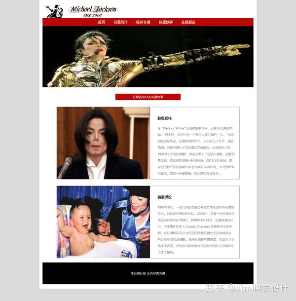 学生html个人网页作业作品——基于html Css Javascript明星迈克杰克逊带表单带报告（5页） 知乎