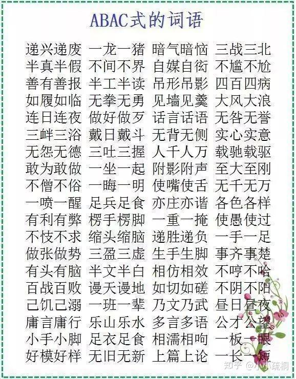 ABB+AABB+AABC+ABAC词语大汇总！收藏一份，孩子6年考高分 - 知乎
