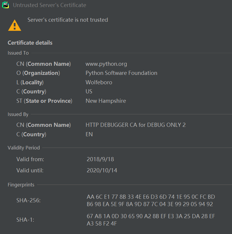 [pycharm] 启动出现Server's certificate is not trusted - 知乎