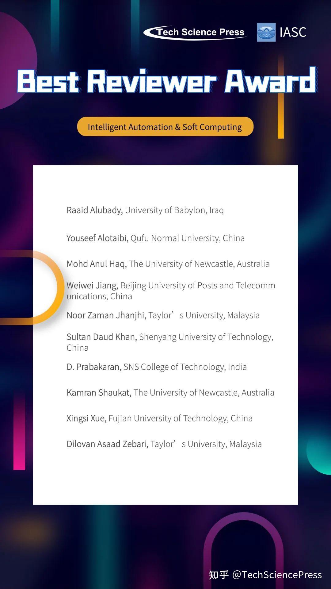 IASC公布2022年最佳审稿人奖获奖者名单丨TSP Award - 知乎