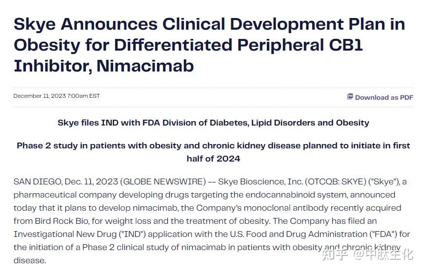 Tides 速递 | Skye宣布分化外周CB1抑制剂Nimacimab治疗肥胖的临床开发计划 - 知乎