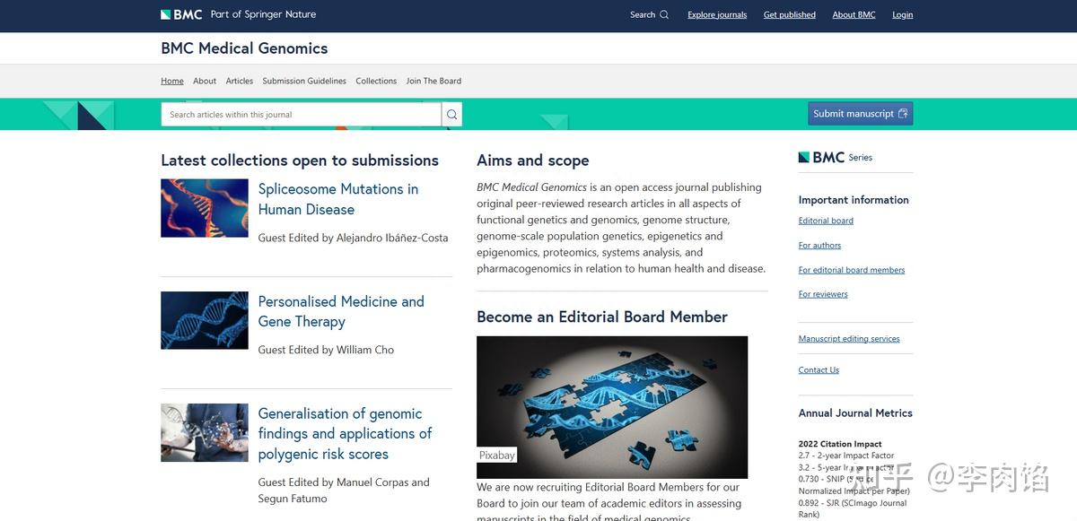 期刊分析| BMC Medical Genomics 医学 遗传学 if＝2.7 自引率为0 国人 - 知乎