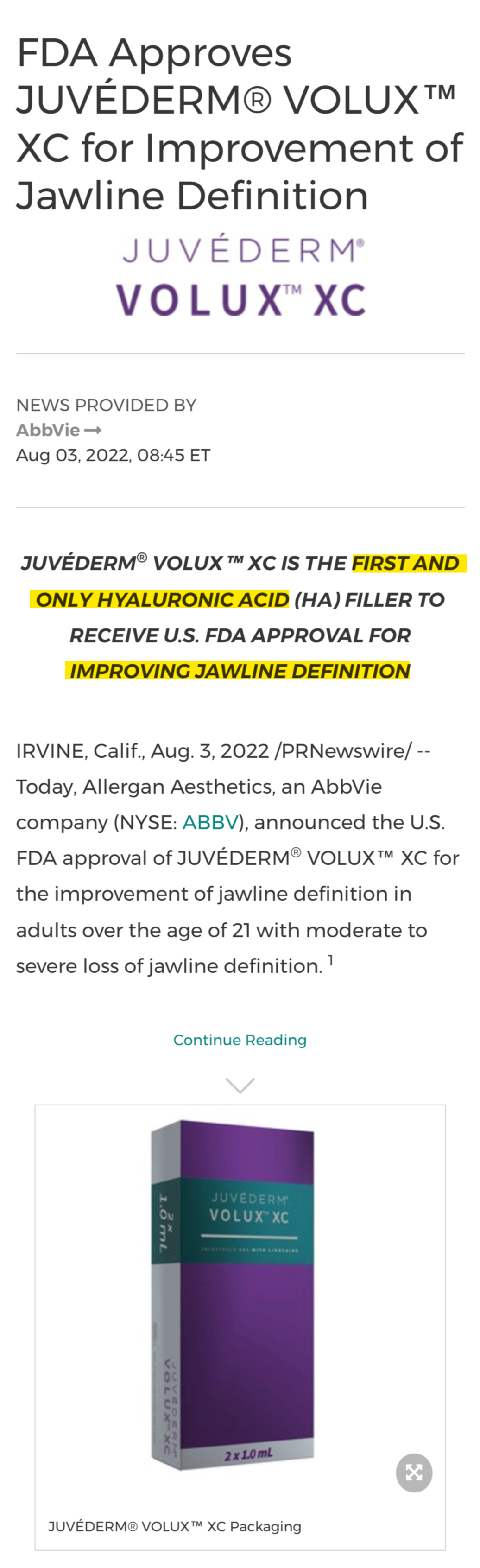 JUVÉDERM VOLUX XC：乔雅登新品获批用于下颌轮廓塑形 - 知乎