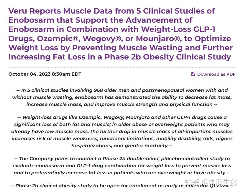 Tides 速递 | Veru推进Enobosarm与减肥GLP-1药物联合进展 - 知乎