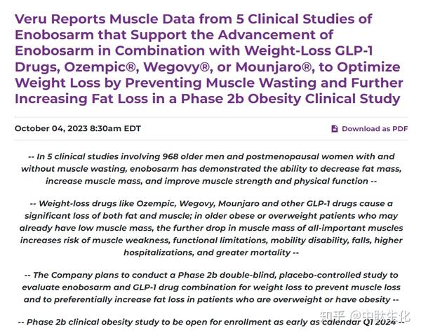 Tides 速递 | Veru推进Enobosarm与减肥GLP-1药物联合进展 - 知乎