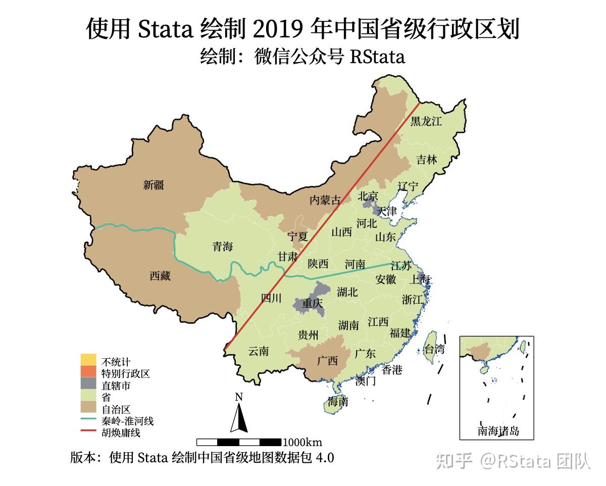 使用 Stata 绘制中国省级地图！比例尺、指北针、秦岭-淮河线、胡焕庸线、海岸线、未定国界都有！ - 知乎