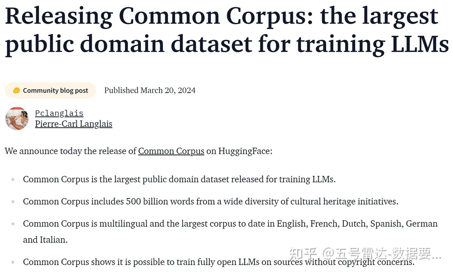 【五号雷达-数据快讯】Common Corpus - 大型多语言公共领域数据集 - 知乎