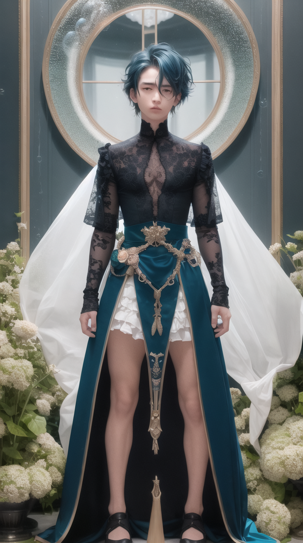 【VegaAI绘画】人工智能艺术画作展示-2023年04月20日（立绘，全身，完整的身体，男性，男人，少年，头发渐变蓝，宝石般蓝绿渐变色眼睛，冷 峻的表情，凌乱的头发，花园，玻璃，泡泡，有很多 ...