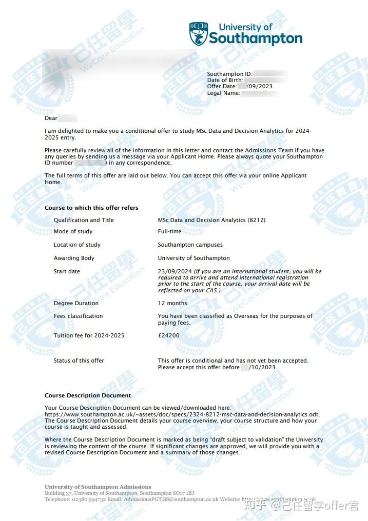 己任留学24Fall英国offer | 南安普顿大学 MSc Data and Decision Analytics 有条件录取 - 知乎