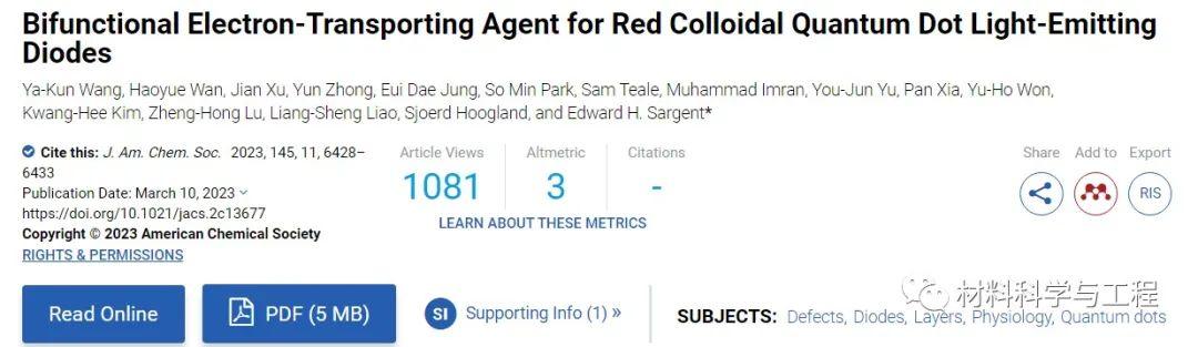 《JACS》：效率15%新纪录！用于红色胶体QD-LED双功能电子传输剂 - 知乎