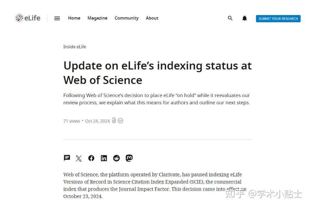 重磅！科睿唯安新发声：剥夺eLife影响因子，仅收录部分论文！ - 知乎