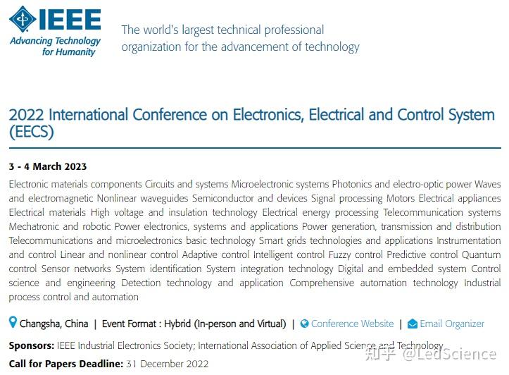 【EECS 2022丨EI检索】2022电子、电气与控制系统国际会议 - 知乎