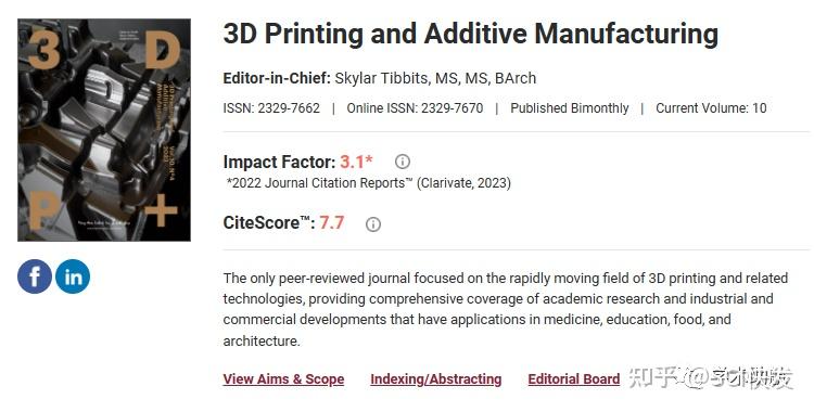 期刊分析|工程技术3区期刊3D PRINTING AND ADDITIVE MANUFACTURING - 知乎