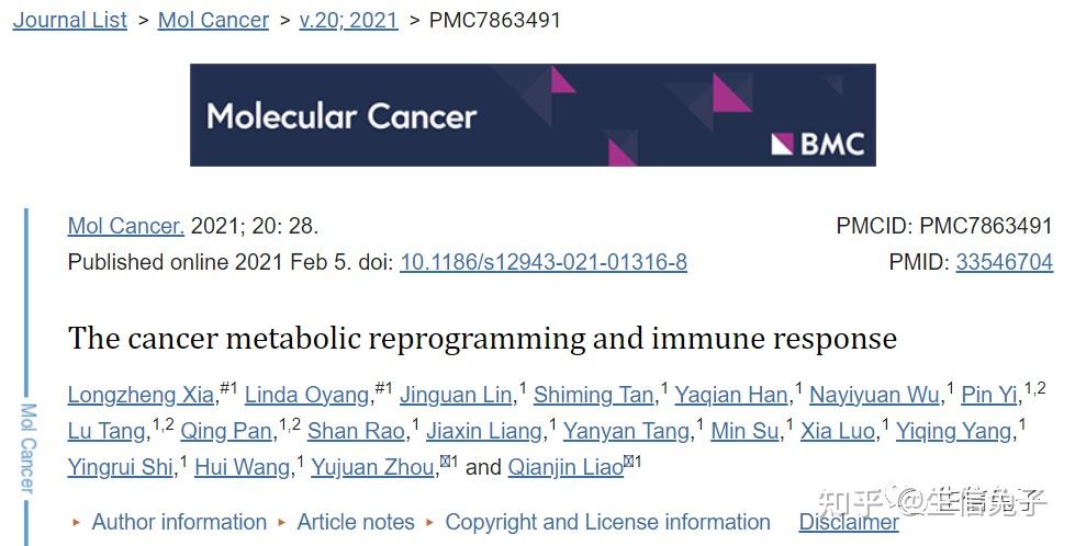 Mol Cancer | 15+综述肿瘤代谢重编程与免疫应答 - 知乎