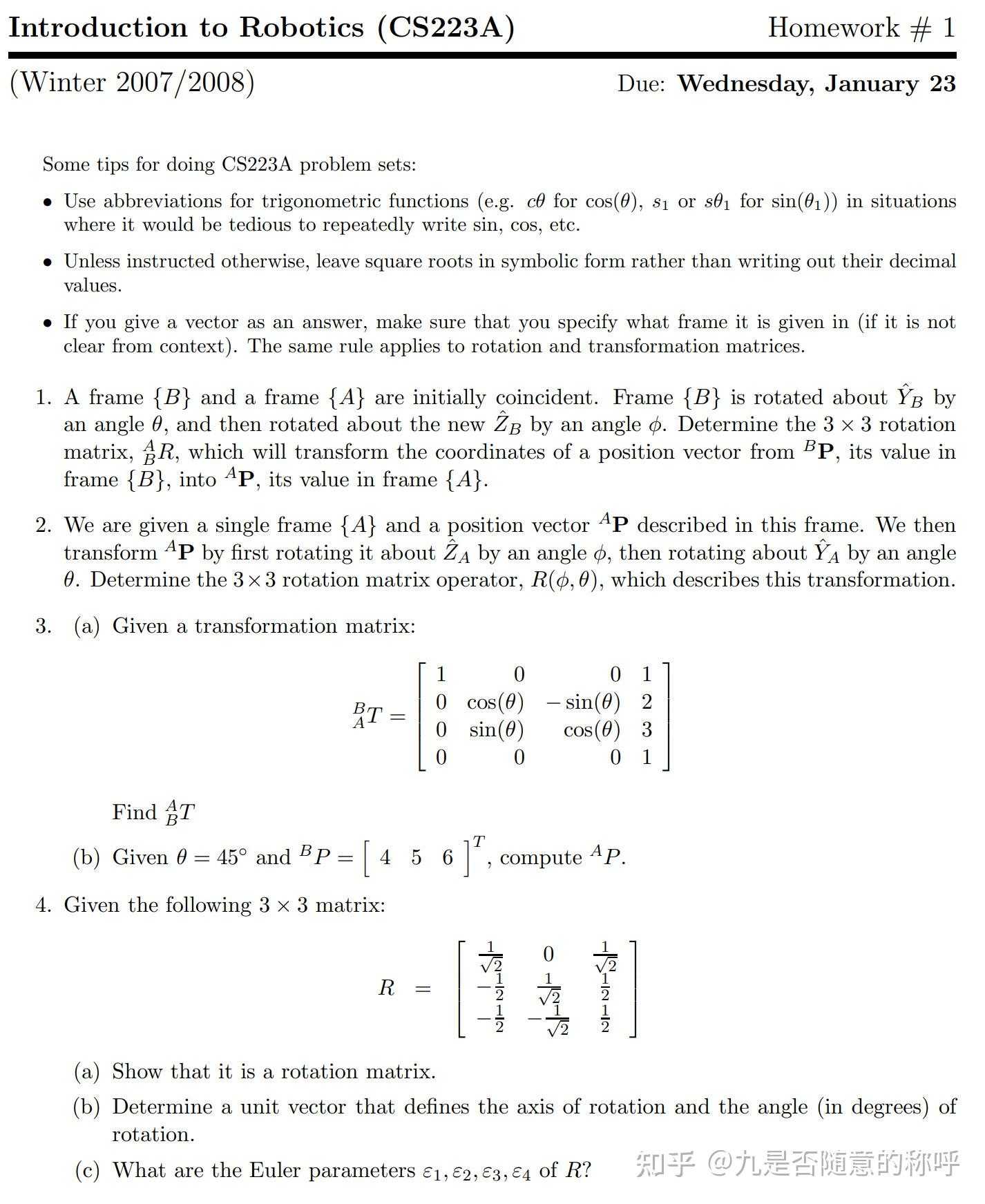 机器人学导论 斯坦福 Introduction to Robotics (CS223A)作业1 - 知乎