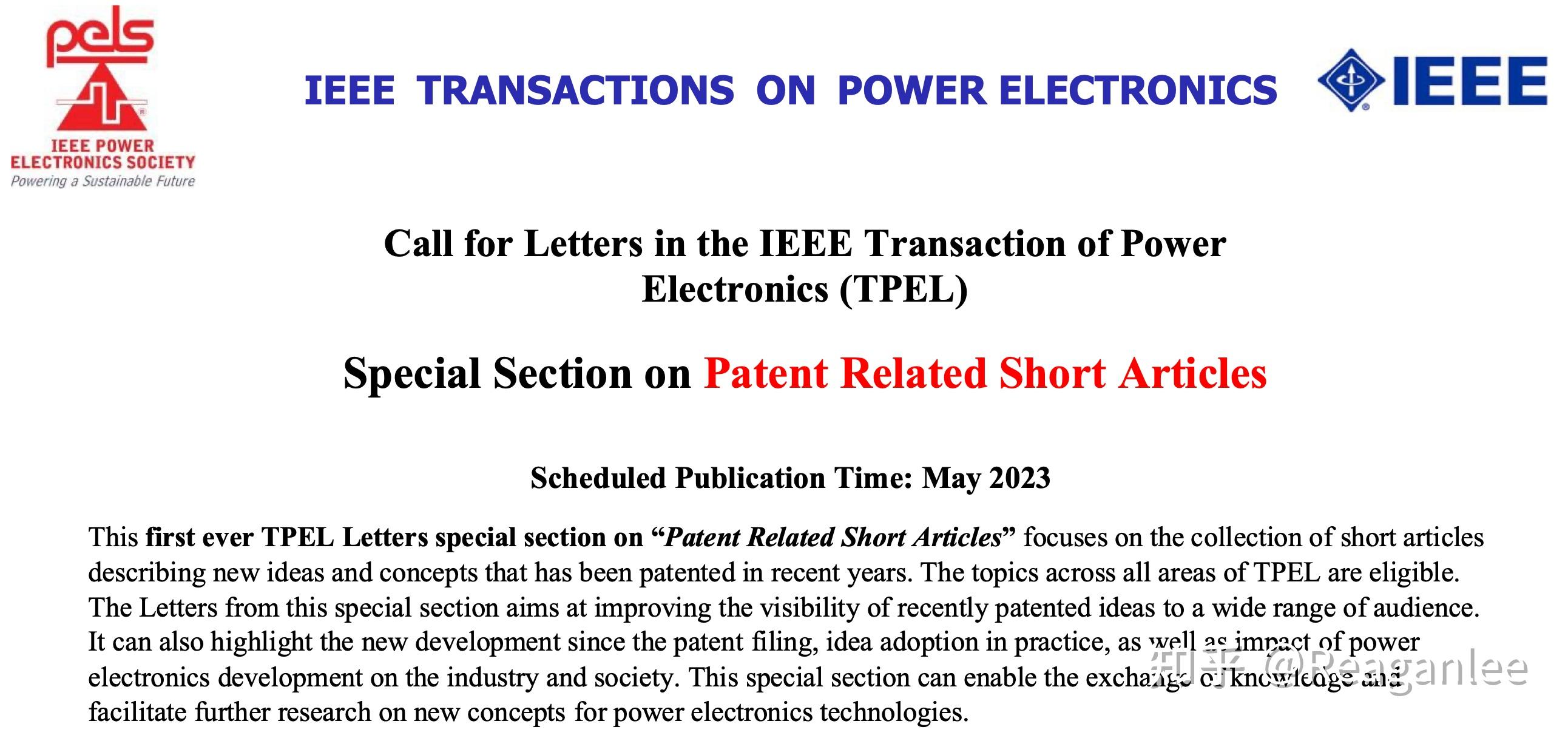 特刊征稿 | Call for Letters IEEE Transaction of Power Electronics - 知乎